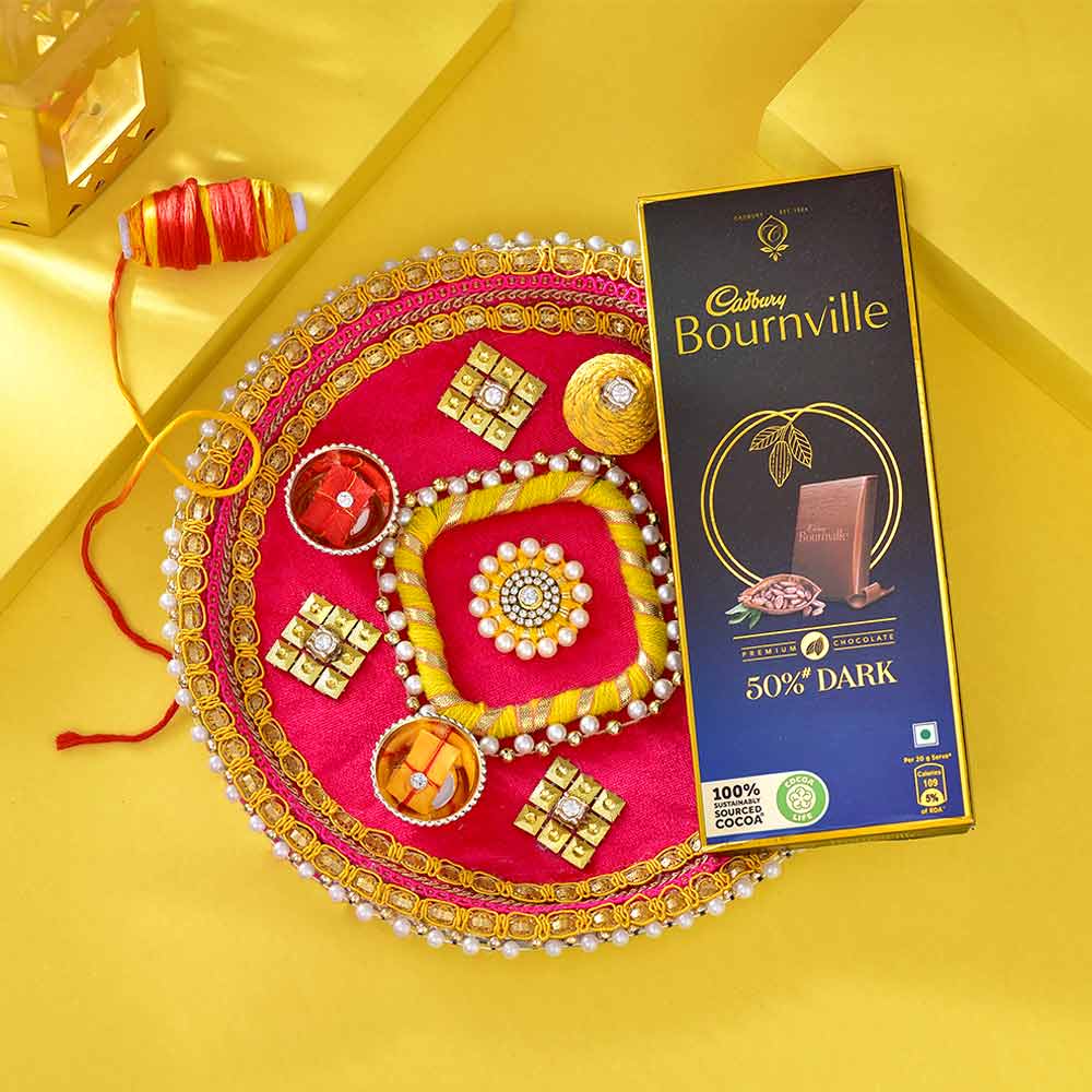 Alluring Hamper With Thali, Chocolate, Thread, Roli Chawal & Tikka – TOKENZ