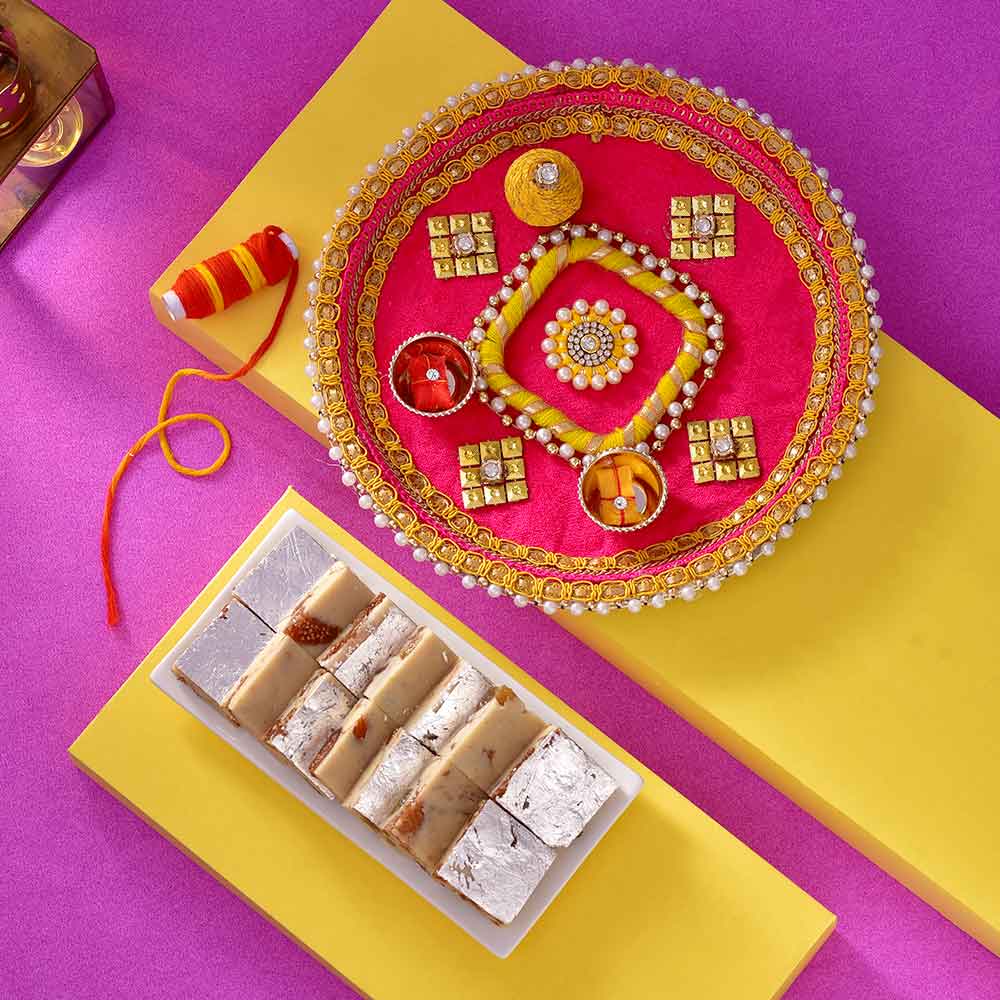 Enchanting Hamper With Thali, Sweet, Roli Chawal, Thread & Tikka – TOKENZ