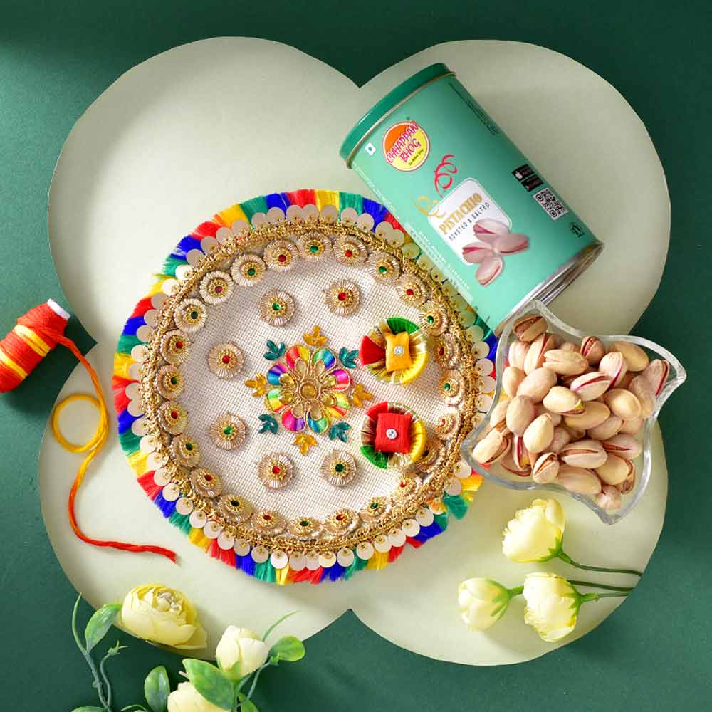 Premium Hamper With Pistachios, Thali, Thread, Roli Chawal & Tikka – TOKENZ