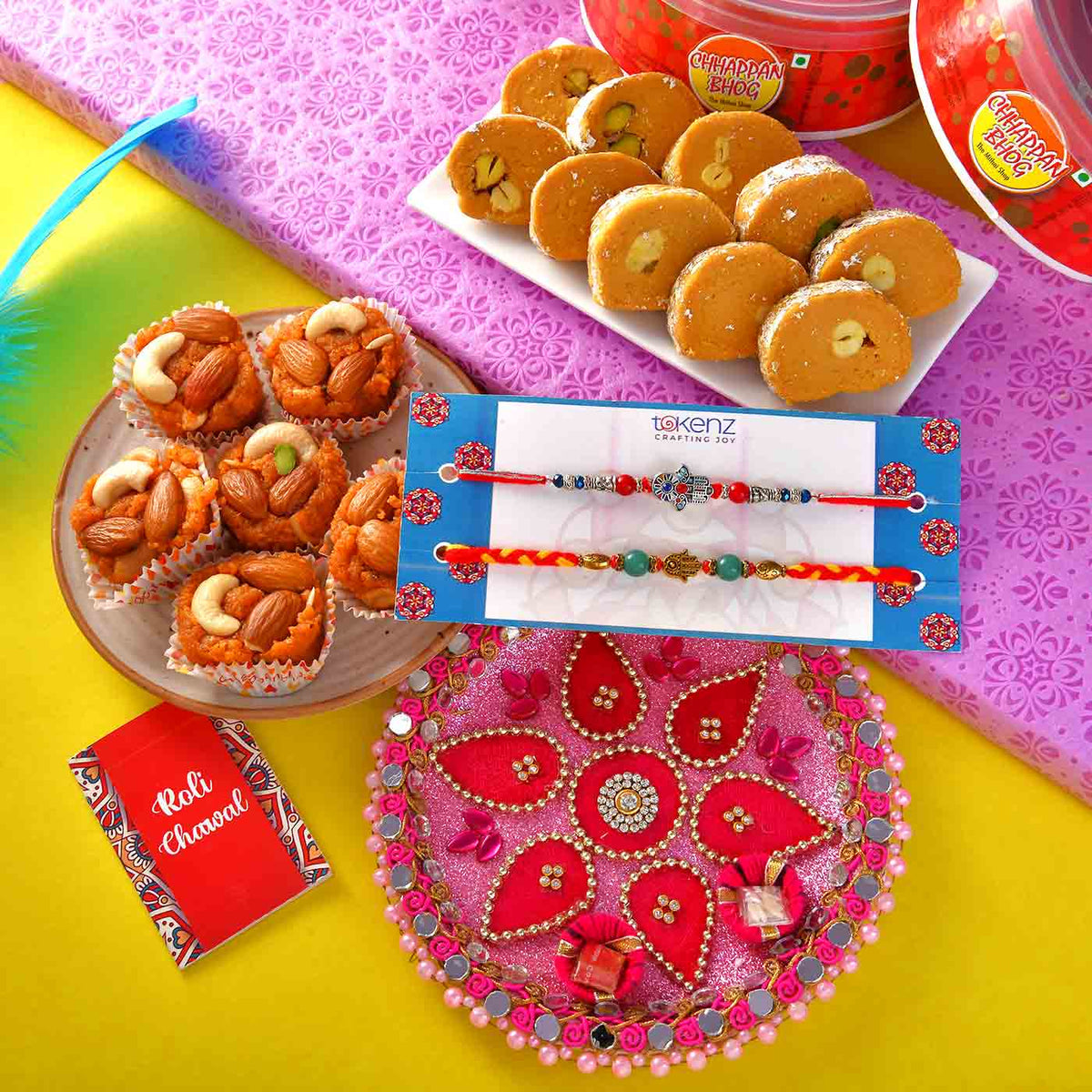 Attractive Set Of 2 Rakhis With Badam Pinni Batisha Slice & Pooja Thal ...