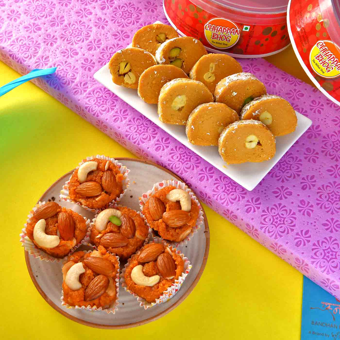 Attractive Set Of 2 Rakhis With Badam Pinni Batisha Slice & Pooja Thal ...