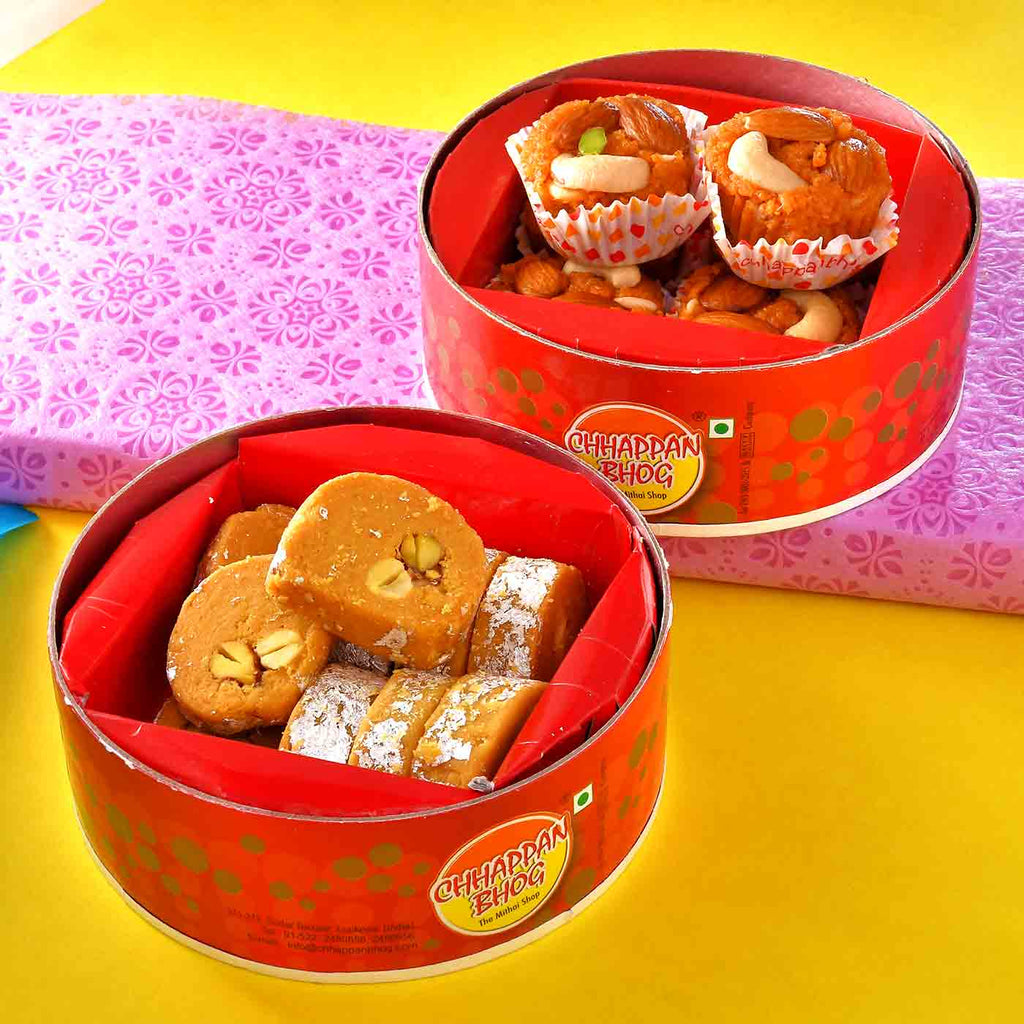 Attractive Set Of 2 Rakhis With Badam Pinni Batisha Slice & Pooja Thal ...